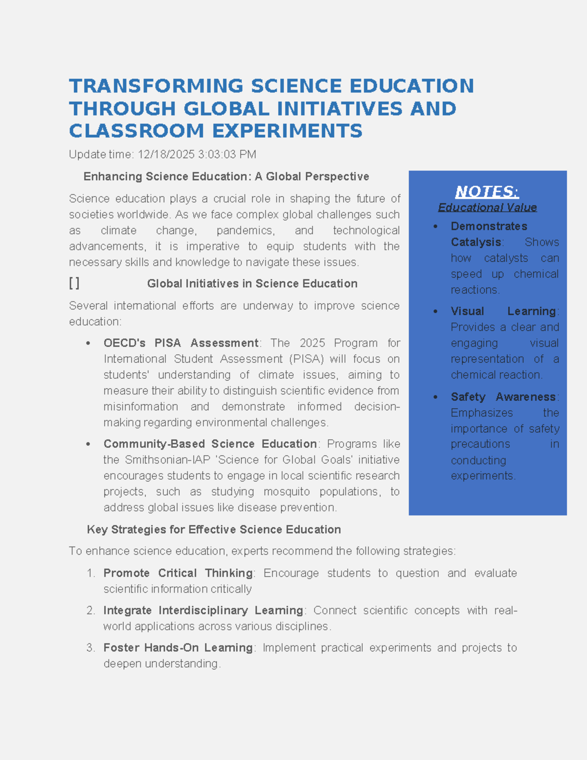 Transforming Science Education: Global Initiatives & Experiments - Studocu