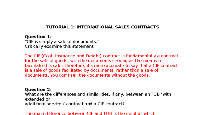 Commercial LAW T1 2024 - Tutorial 1: CIF vs FOB Contracts Analysis ...