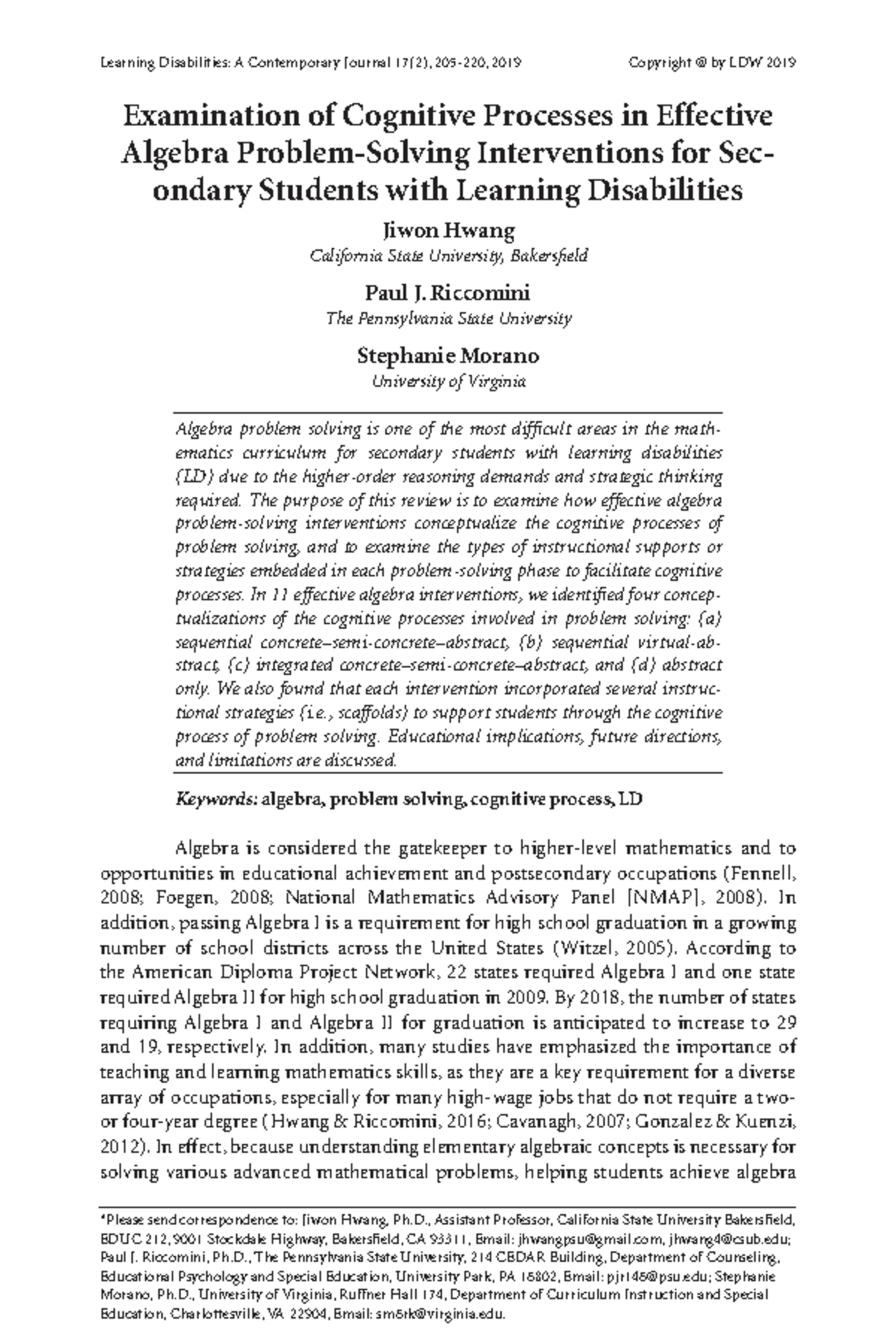 Examination of Algebra Problem-Solving Interventions for Students with ...