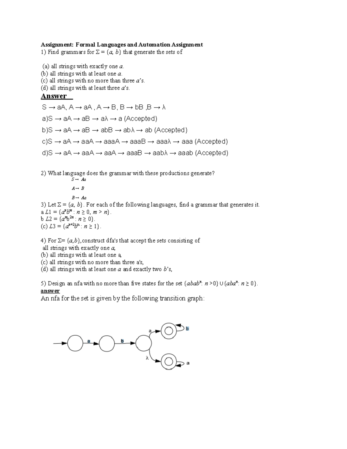 Formal Languages and Automation Assignment - (b) all strings with at ...