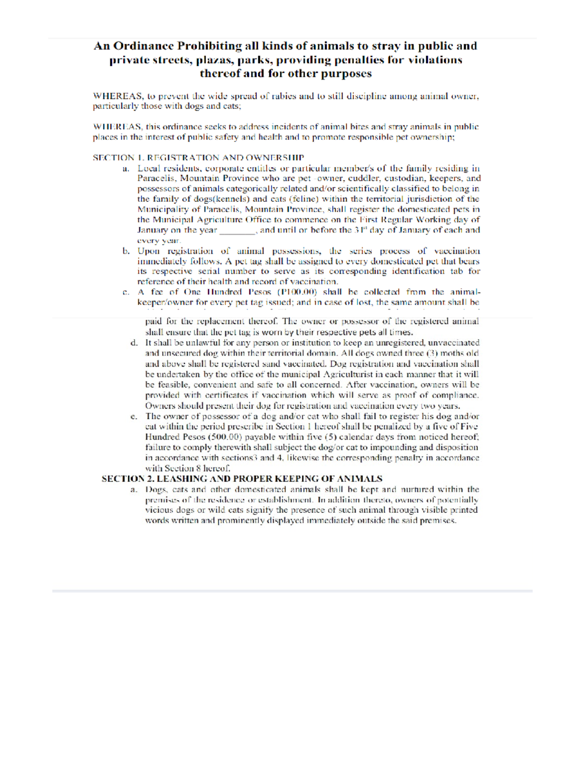 Ordinance on Impounding Stray Animals: Public Safety & Health Measures ...