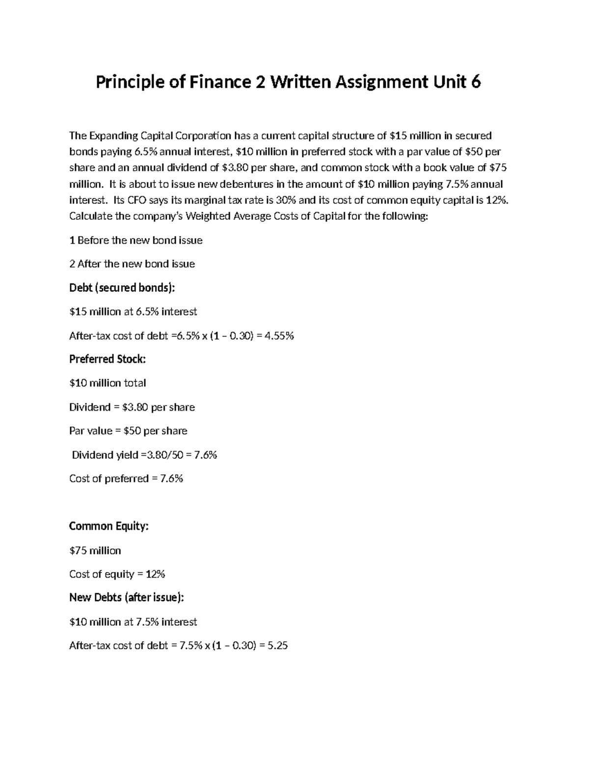 Principle of Finance 2: Unit 6 WACC Calculation Assignment - Studocu
