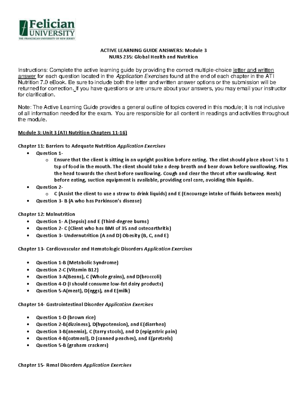 Module 3 Active Learning Guide Nutrition 235 - ACTIVE LEARNING GUIDE ANSWERS: Module 3 NURS 235 ...