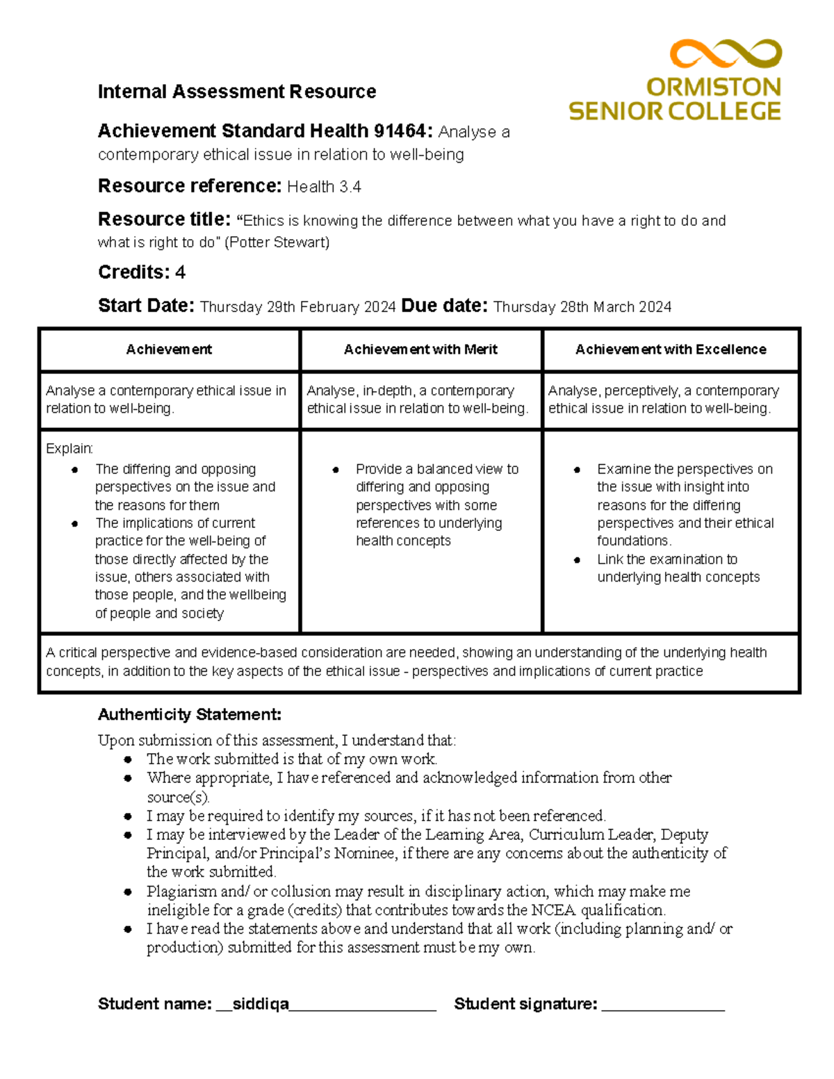 Siddiqa Ali - 2024 Internal Assessment: Ethical Issues in NZ Health ...