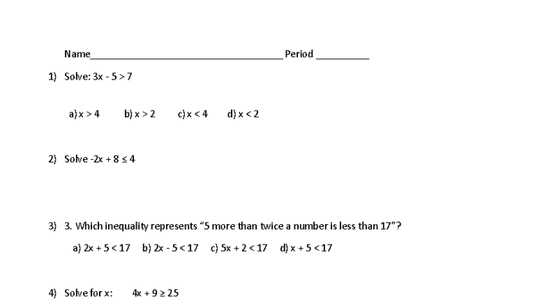 Solving Inequalities Practice Quiz (Math 101) - Studocu