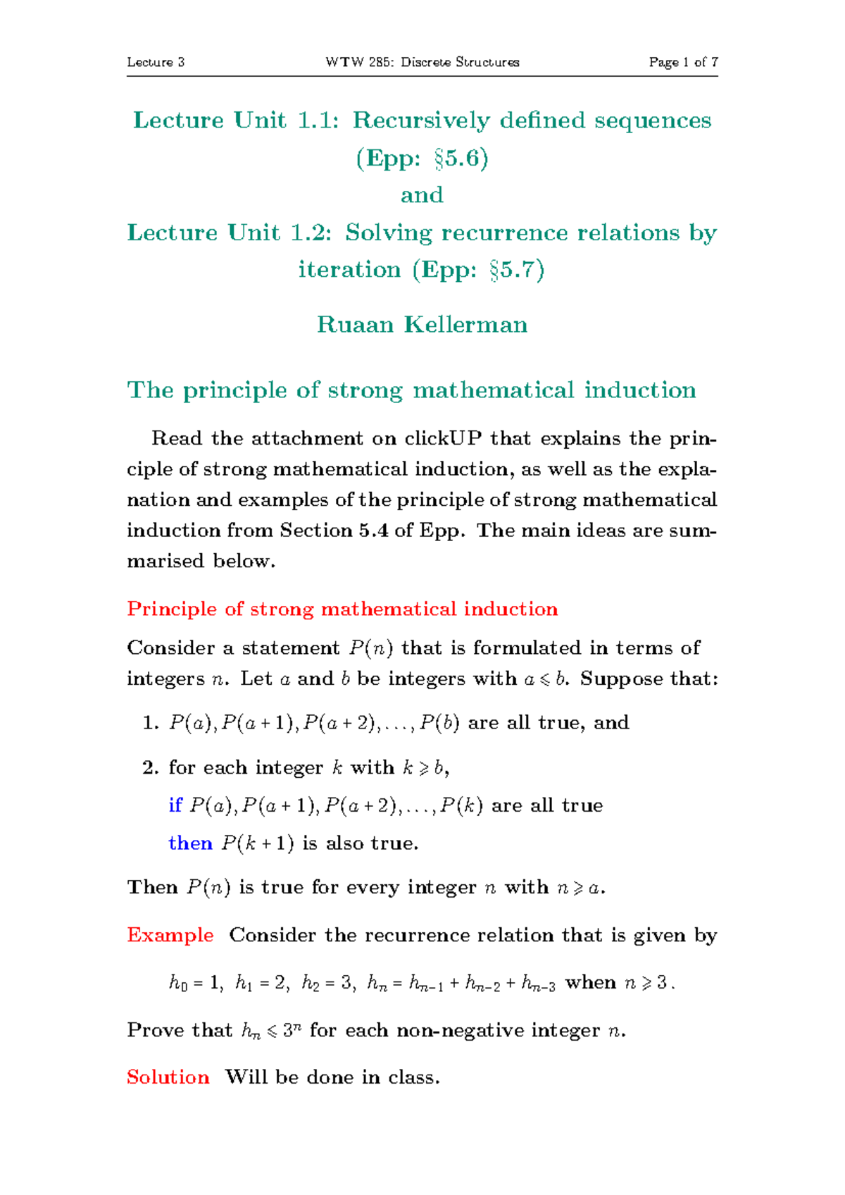 Lecture 3 WTW 285: Discrete Structures - Recurrence Relations & Induction - Studocu