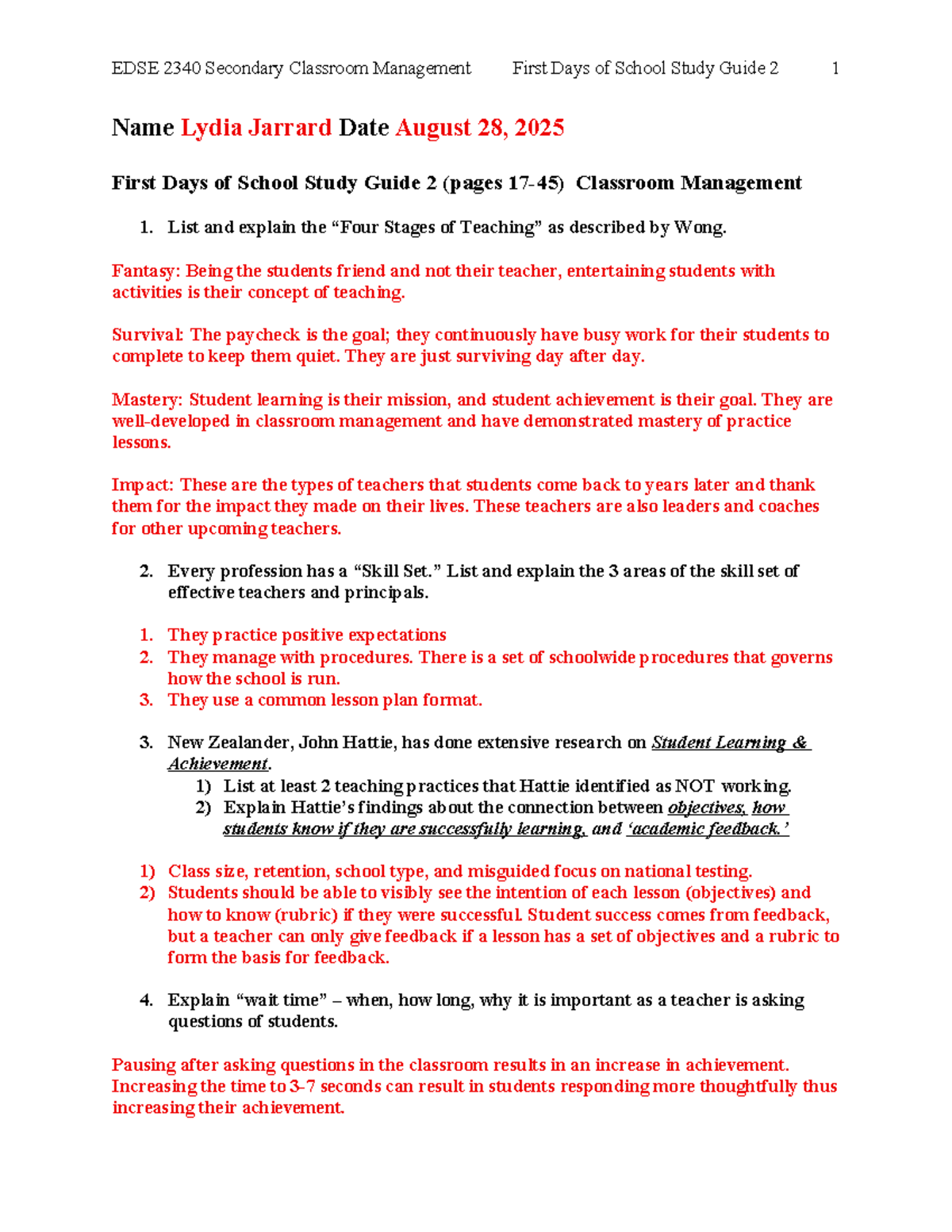 EDSE 2340 Classroom Management: First Days of School Study Guide - Studocu