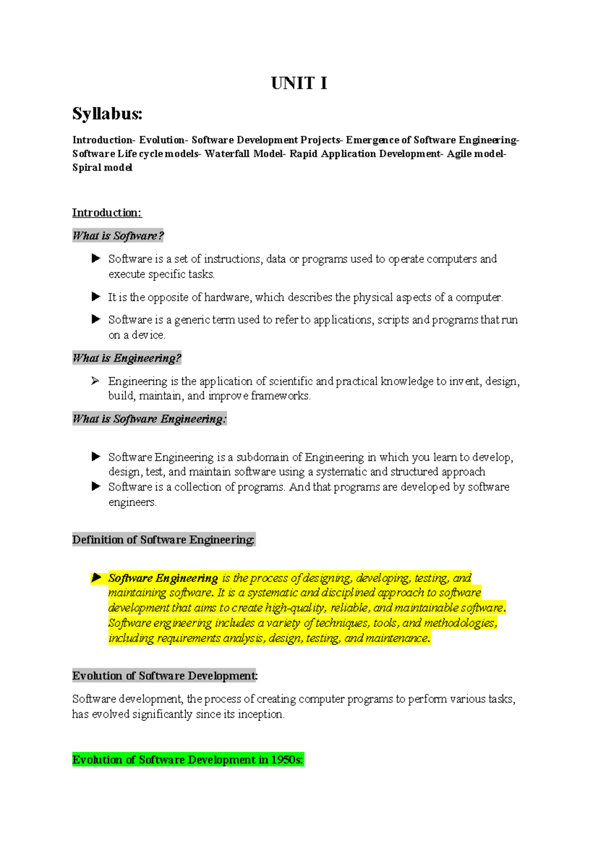 Unit 1: Introduction to Software Engineering & Development Models - Studocu
