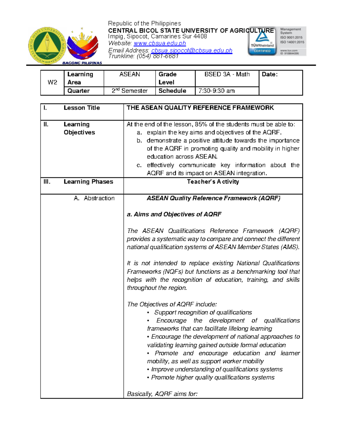 Lesson guide Asean ( Final) - W 2 Learning Area ASEAN Grade Level BSED ...
