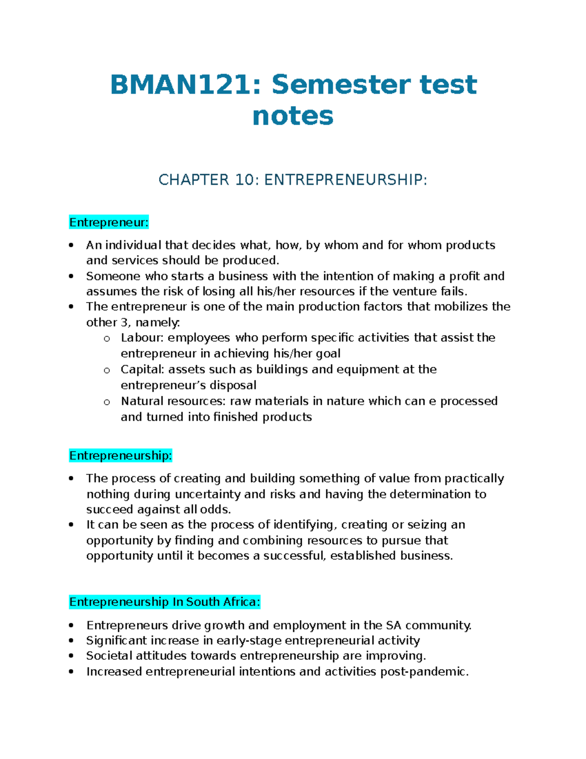 BMAN121: Semester Test Notes on Entrepreneurship & Business Management ...