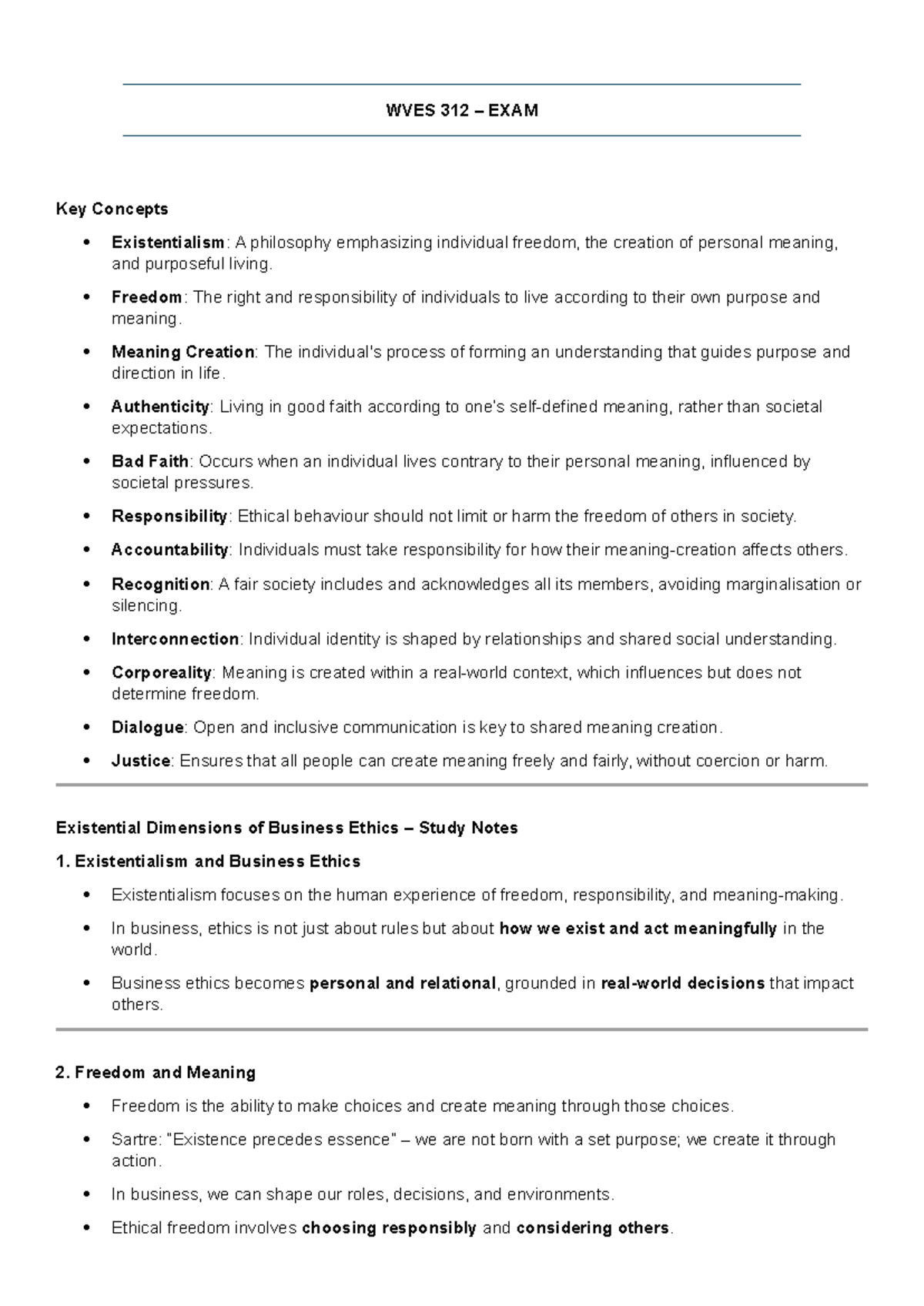 WVES 312 - EXAM Notes: Key Concepts in Existentialism and Business ...