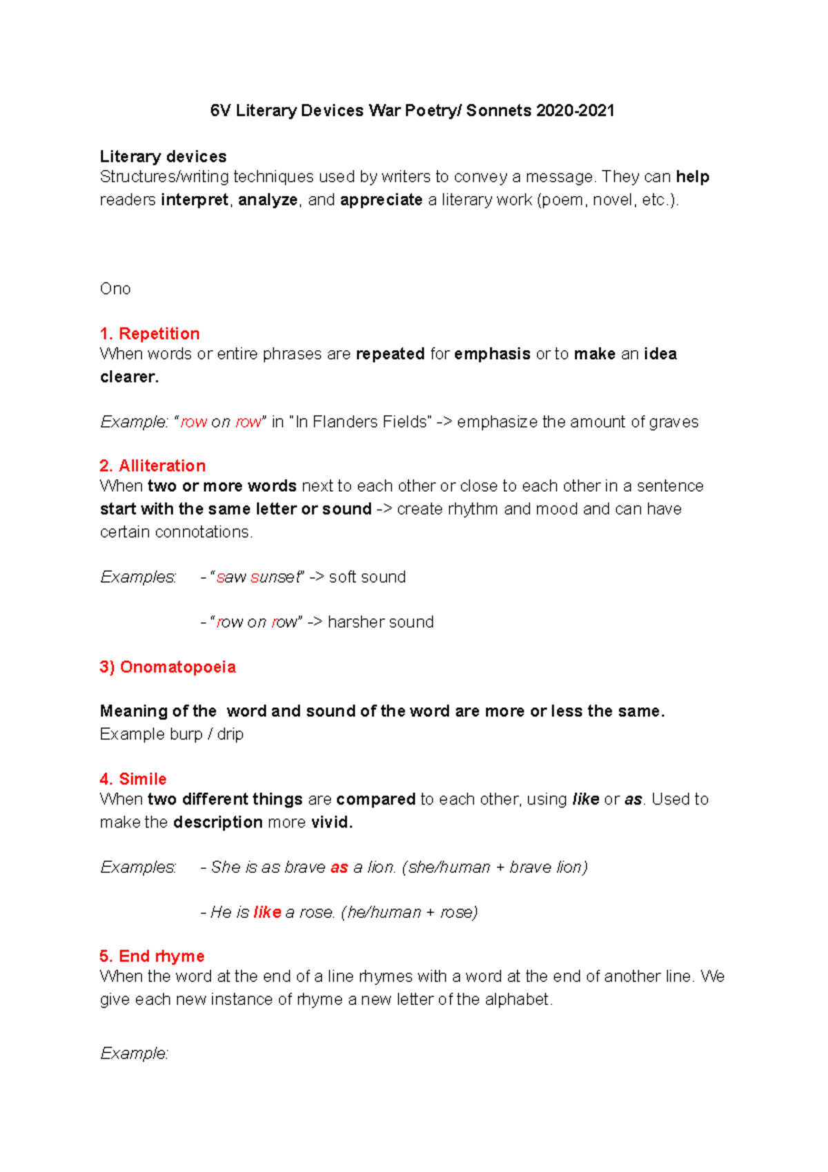 6V Literary Devices in War Poetry & Sonnets: Study Guide 2020-2021 ...