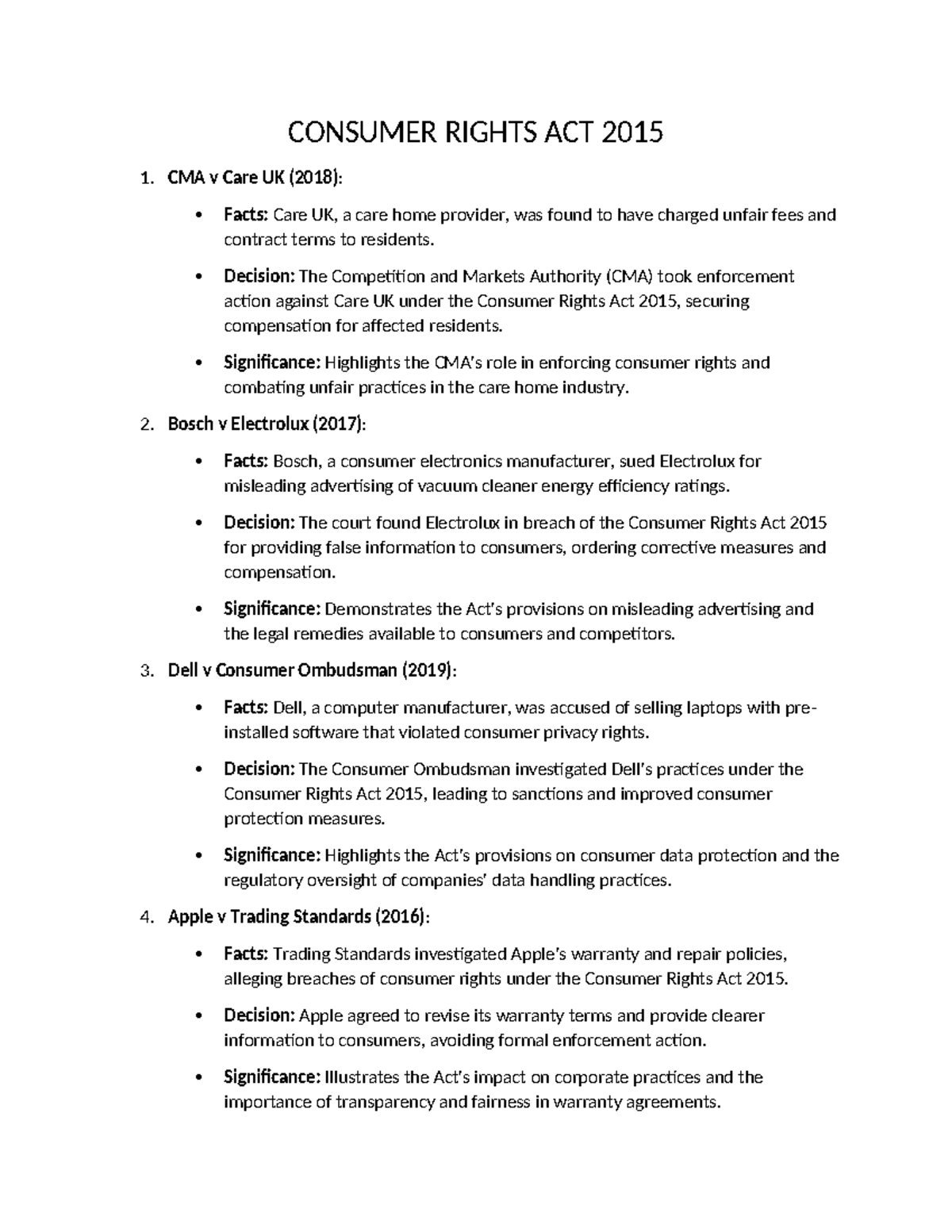 Consumer Rights Act 2015: Key Case Summaries and Implications - Studocu