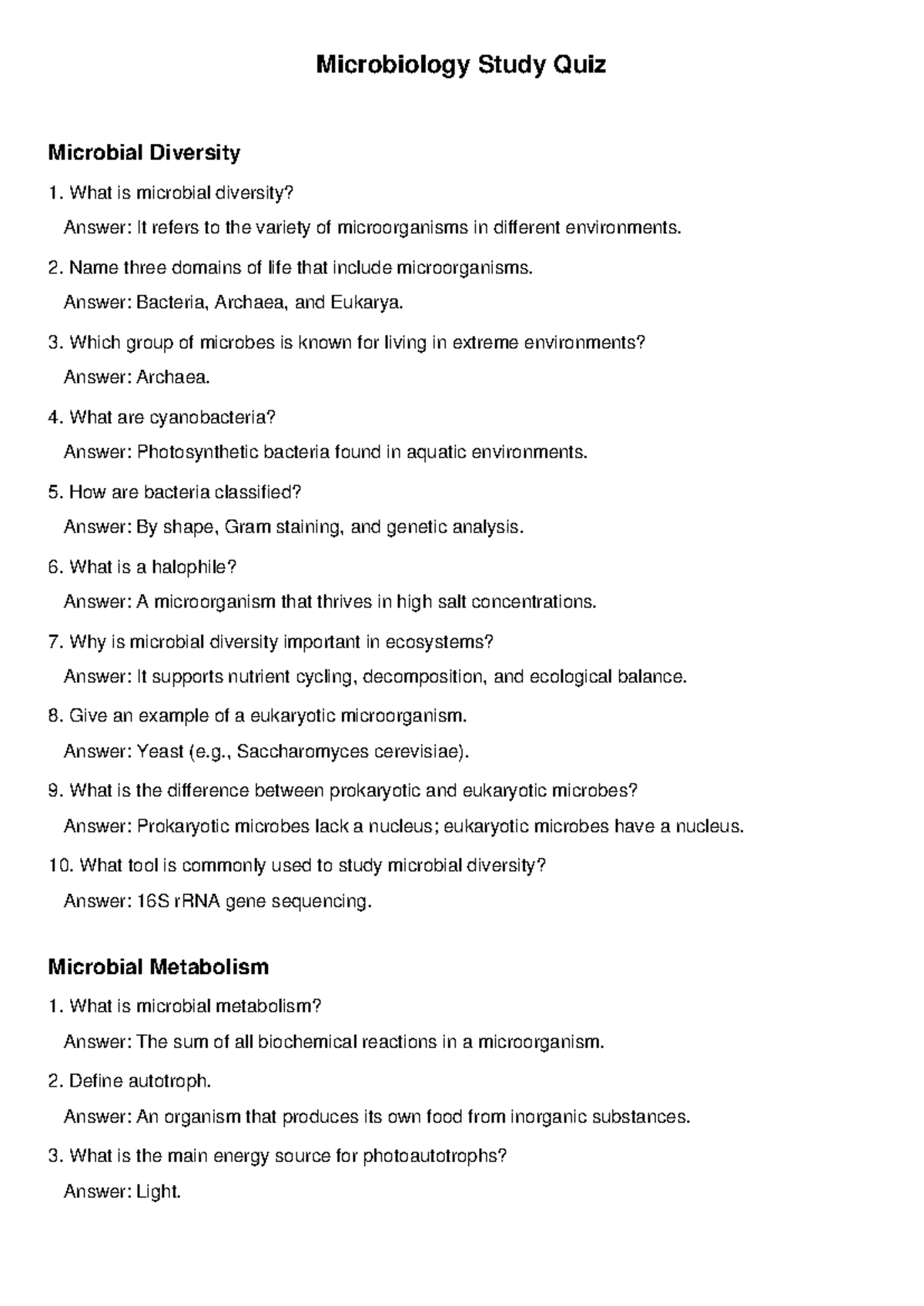Microbiology Study Quiz: Exploring Microbial Diversity and Metabolism ...
