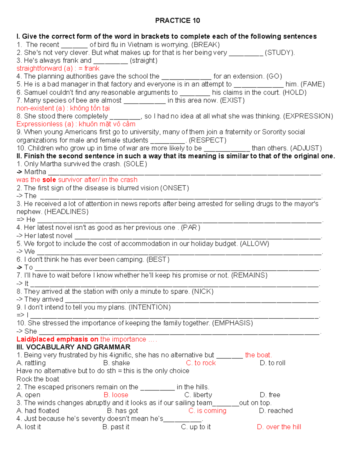 Practice 10: Vocabulary and Grammar Exercises for Language Mastery ...