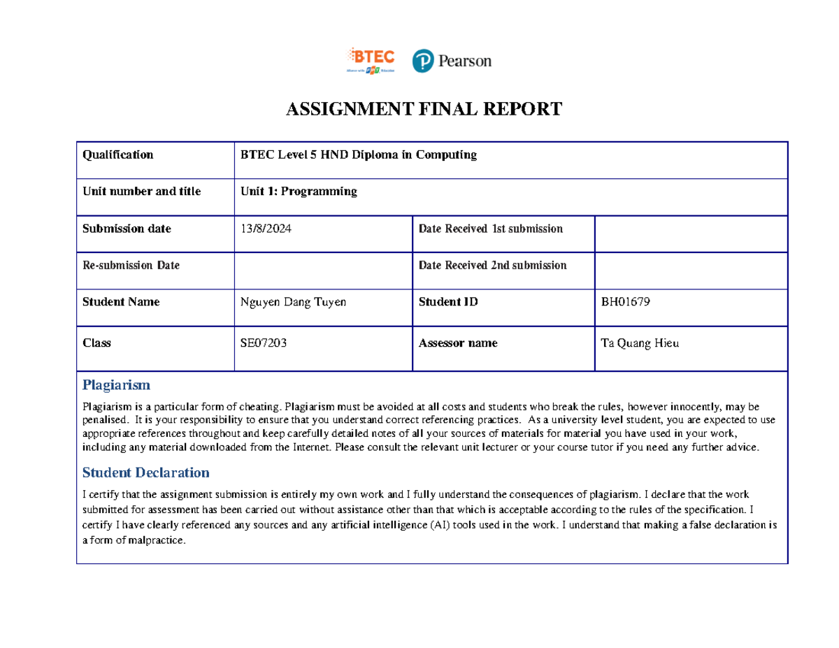 Final Report: ASM Programming Assignment by Nguyen Dang Tuyen, ID BH01679 - Studocu