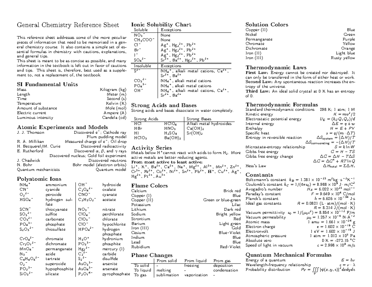 General Chemistry Cheat Sheet (CHEM 151) - Studocu