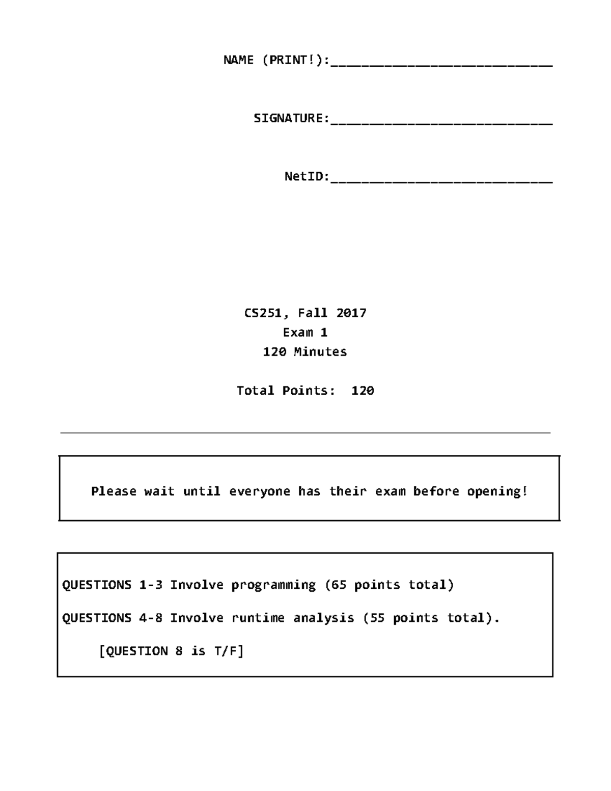 CS251 - Data Structures - Fall 2017 - Exam 1 Overview and Questions ...