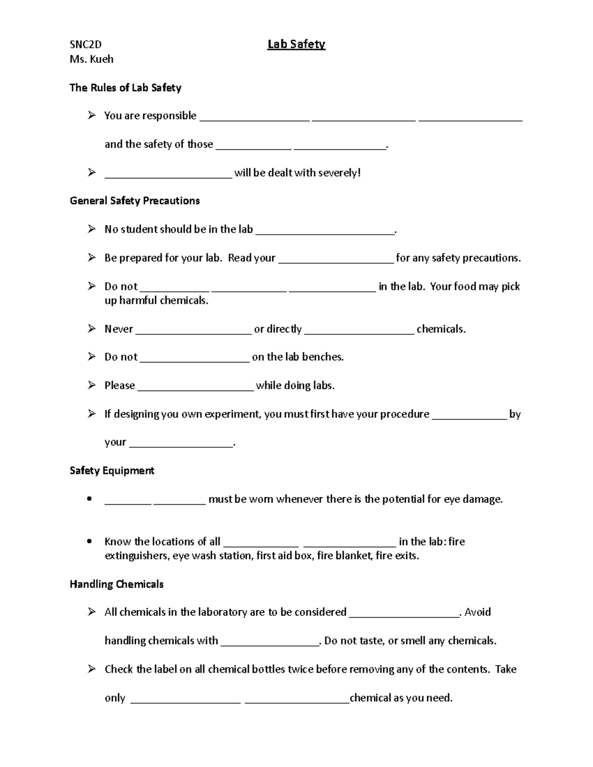 Lab-safety-handout 1 - Free work - SNC2D Lab Safety Ms. Kueh The Rules ...
