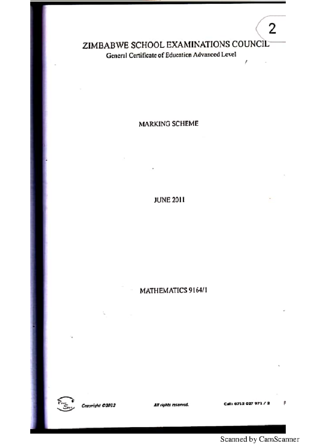 A Level Mathematics June 2011 Marking Scheme (ZIMSEC) - Studocu