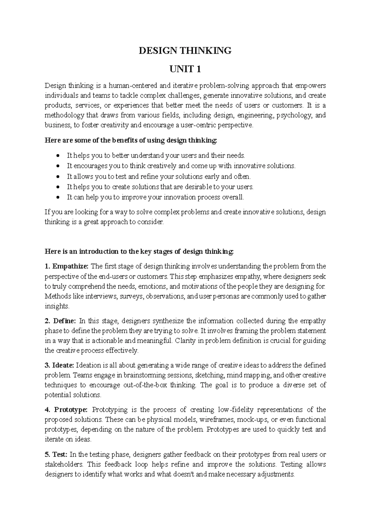 Design Thinking Unit 1 - MBA (SEM-I) Design Thinking (KMBN 106) Concept of Design Thinking ...