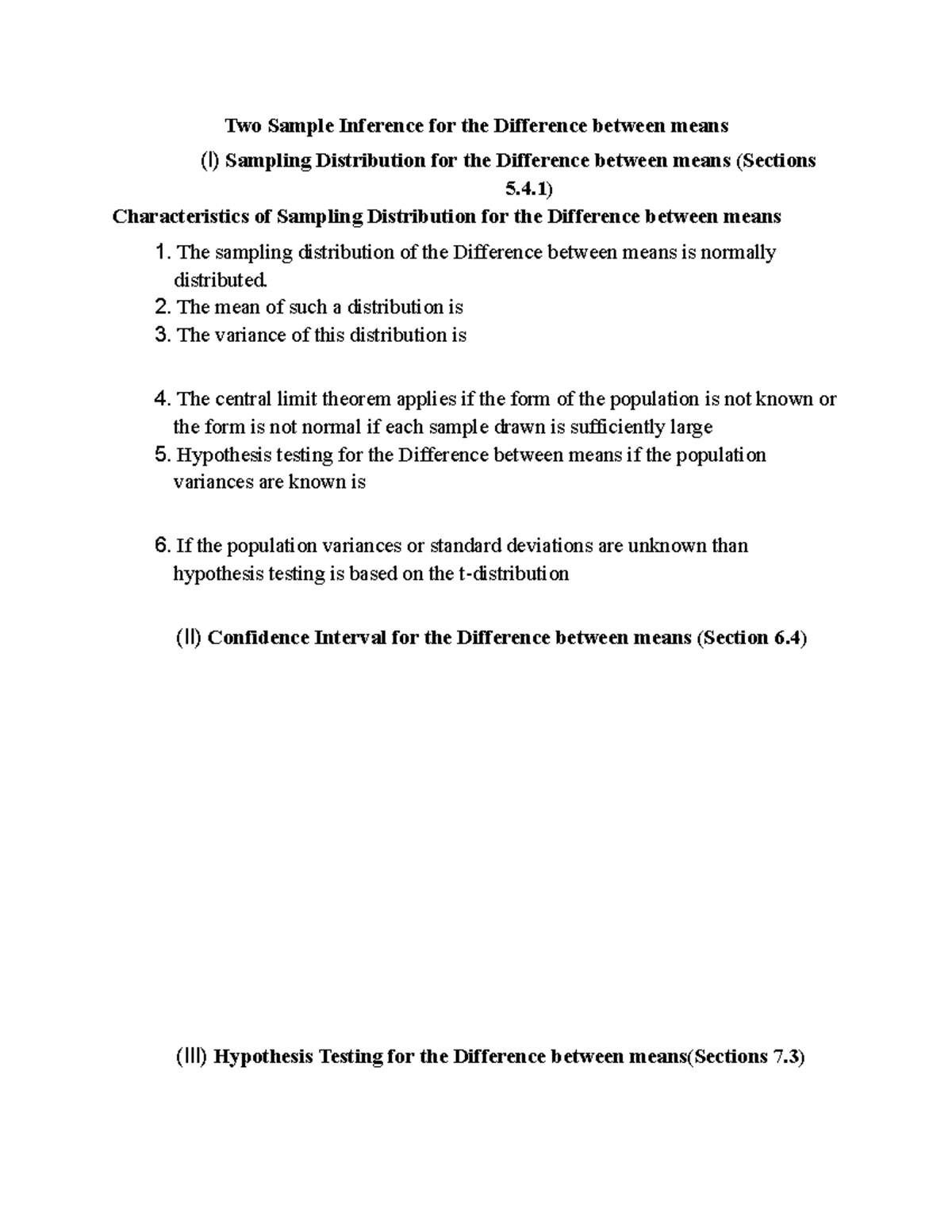 Biostatistics final exam prep - Two Sample Inference for the Difference between means (I ...