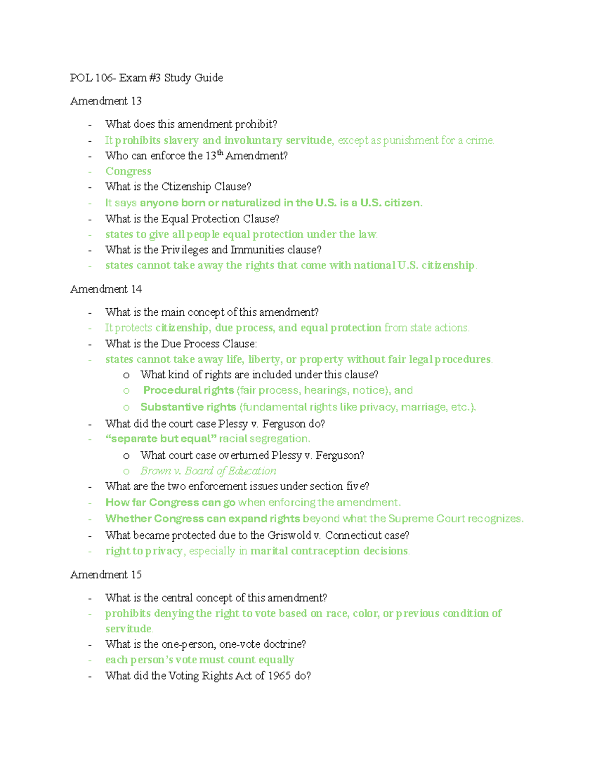 POL 106 - Exam #3 Study Guide: Amendments Overview - Studocu