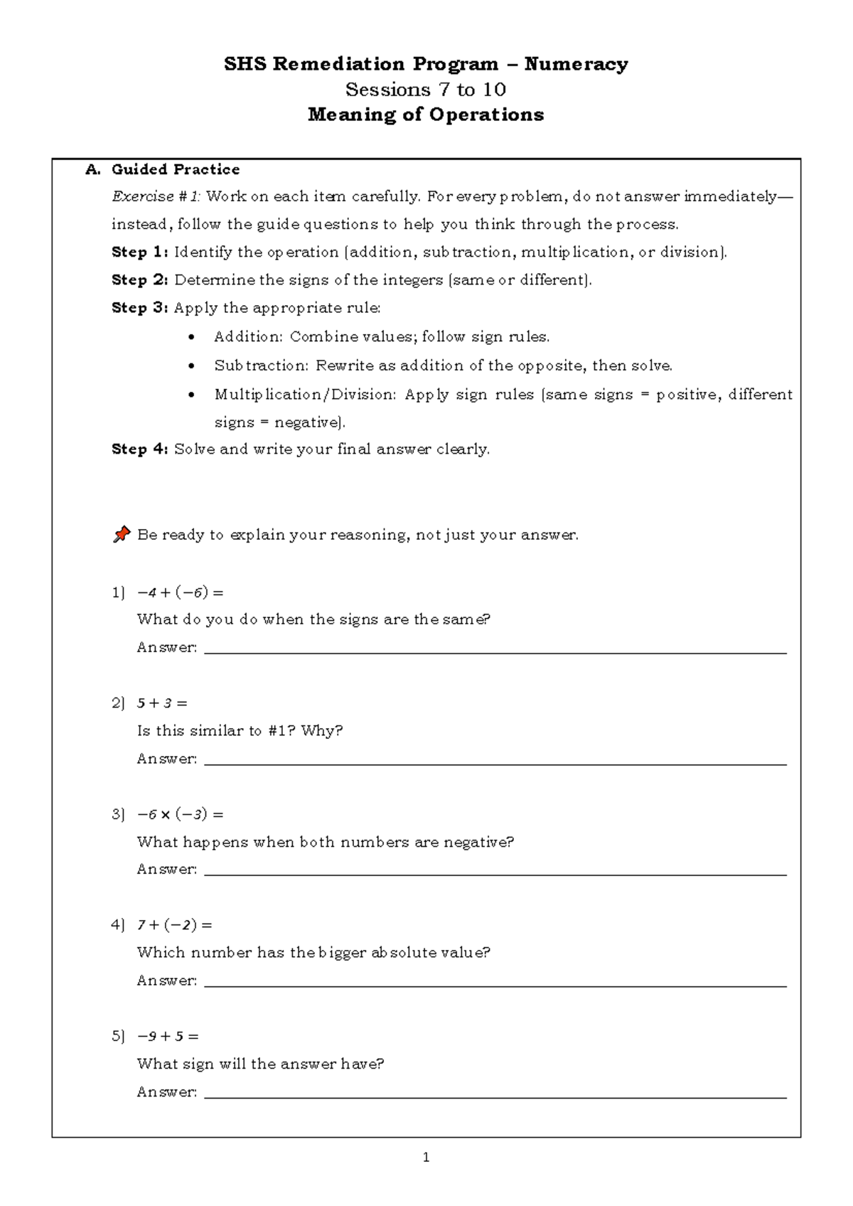 SHS Numeracy Sessions 7-10: Understanding Operations & Guided Practice ...