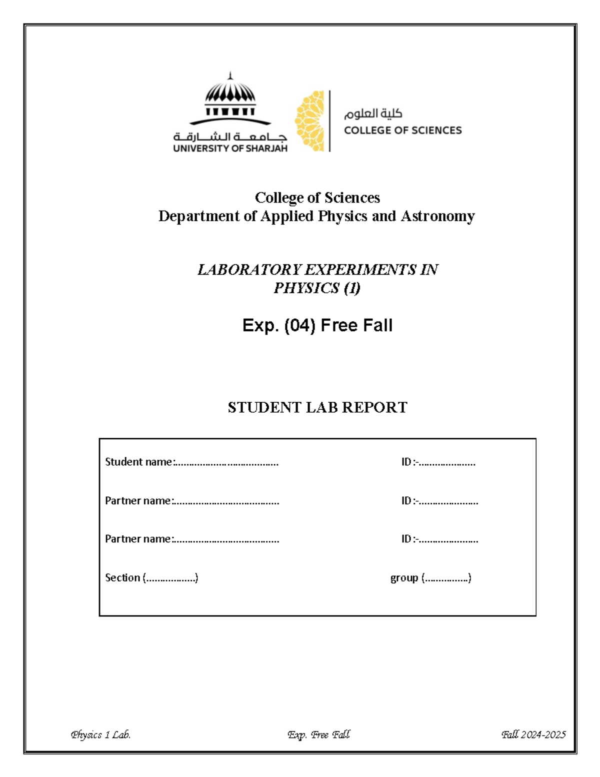 Physics 1 Lab Report: Exp. (04) Free Fall & Acceleration of Gravity ...