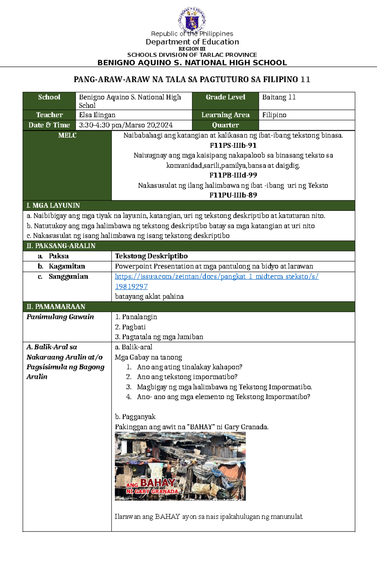 CO ELSA G11 Tekstong Deskriptibo - Department of Education REGION III ...