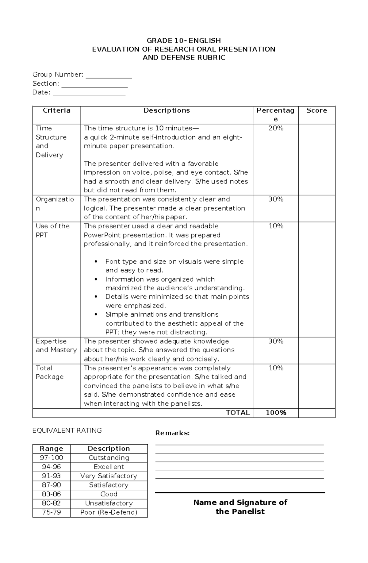Defense rubric - The time structure is 10 minutes— a quick 2-minute ...