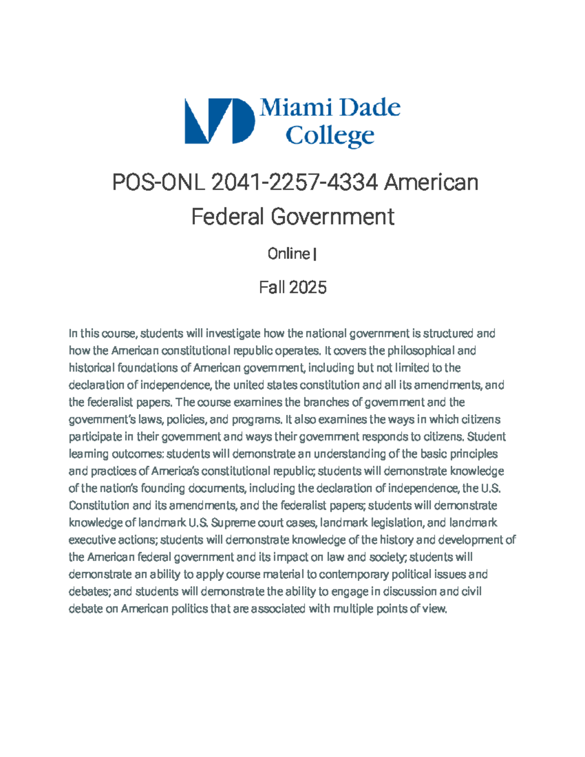American Government Course Assignments & Exam Schedule (POS-ONL 2041 ...