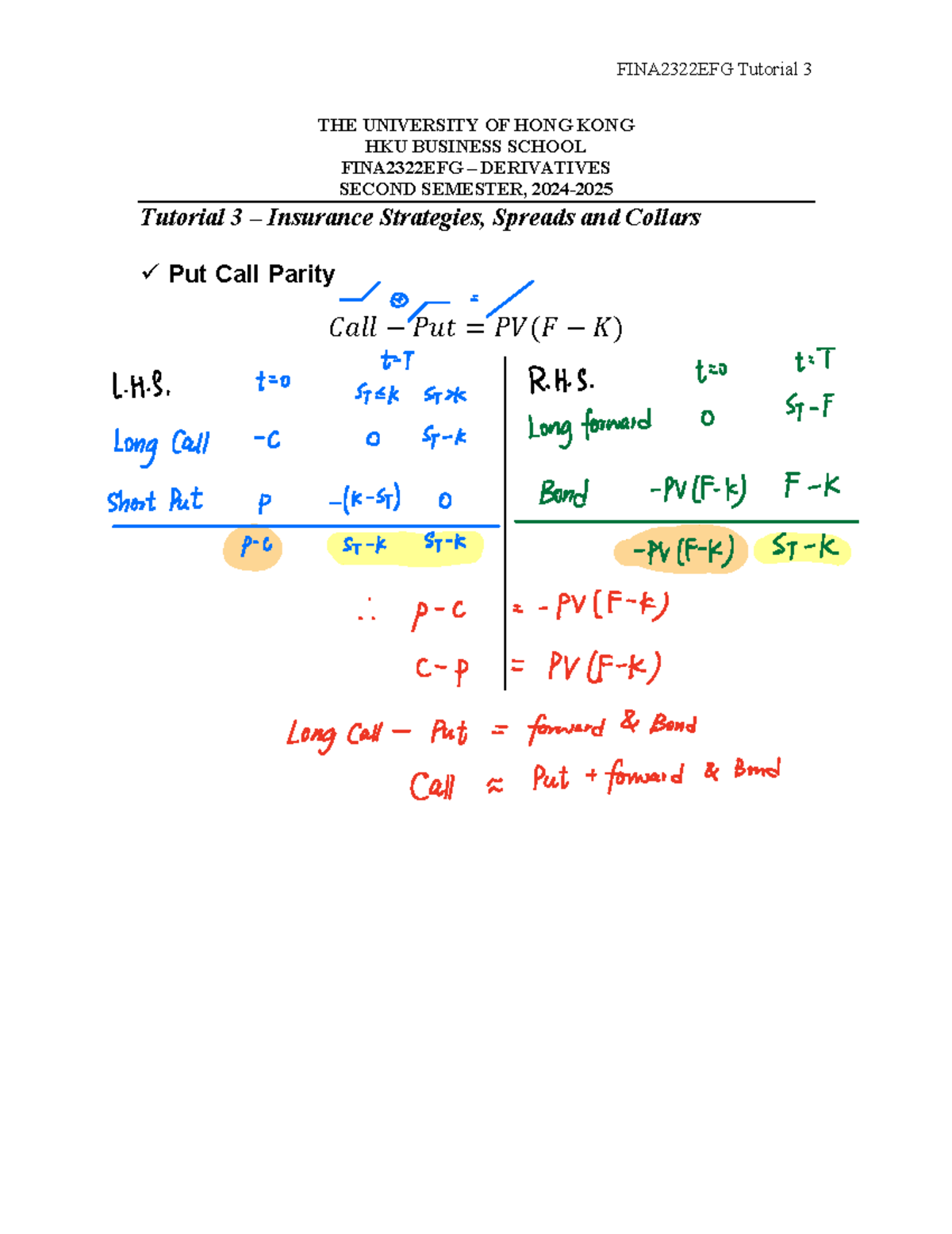 FINA2322 Tutorial 3 Notes: Insurance Strategies and Collars - Studocu