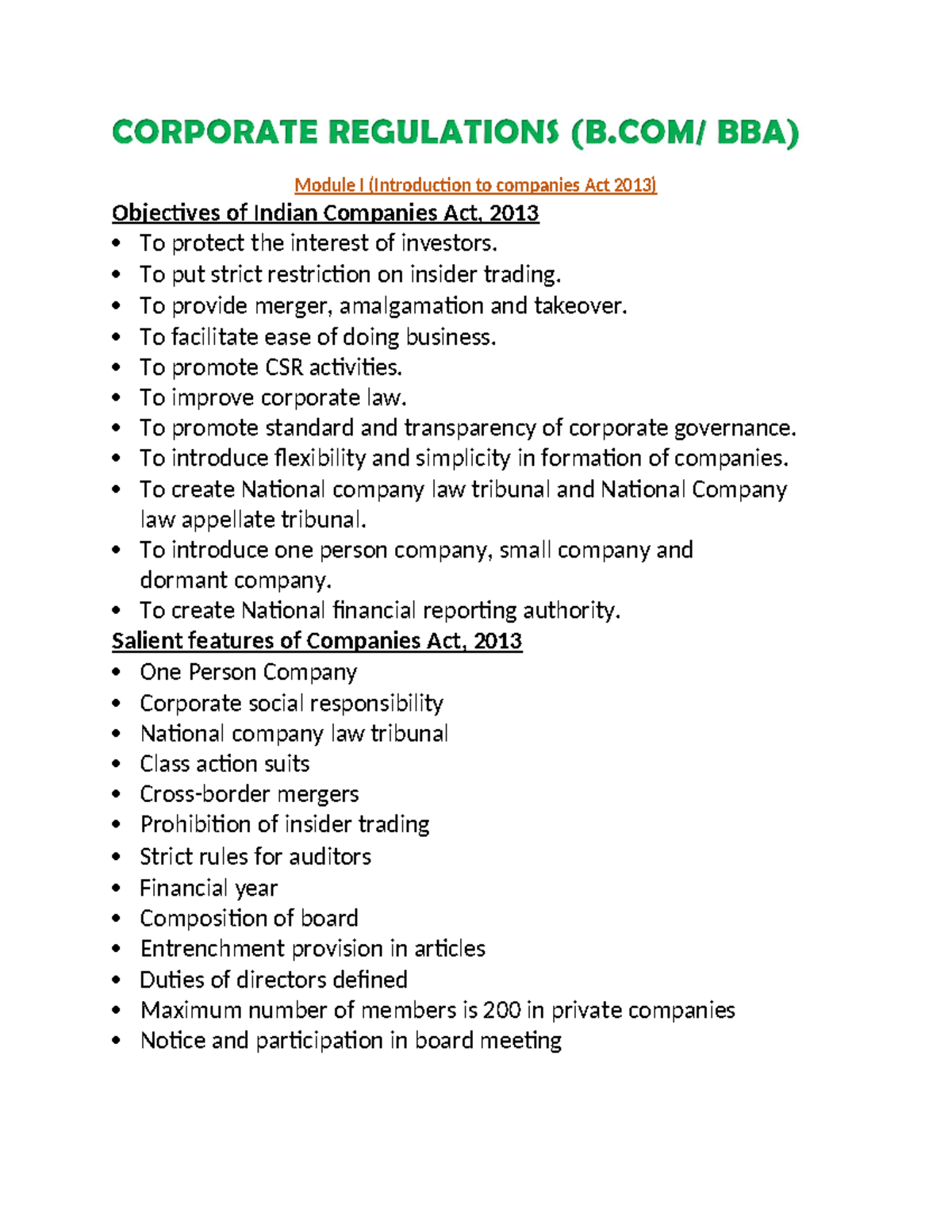 Corporate Regulations Overview - BCOM BBA Final Exam Study Notes - Studocu