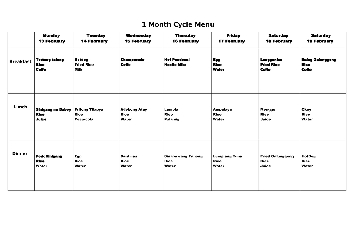 30-Day Cycle Menu Plan for Meals and Recipes - Studocu