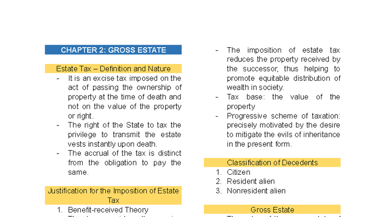 Chapter 2 - CHAPTER 2: GROSS ESTATE Estate Tax – Definition and Nature ...