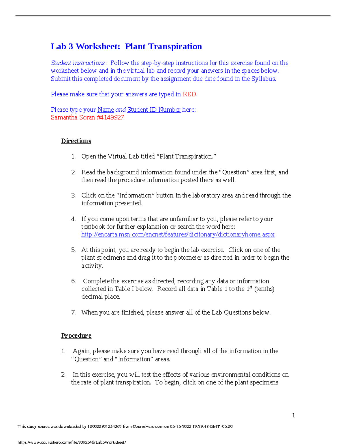 Lab3Worksheet plant transpiration - Lab 3 Worksheet: Plant ...