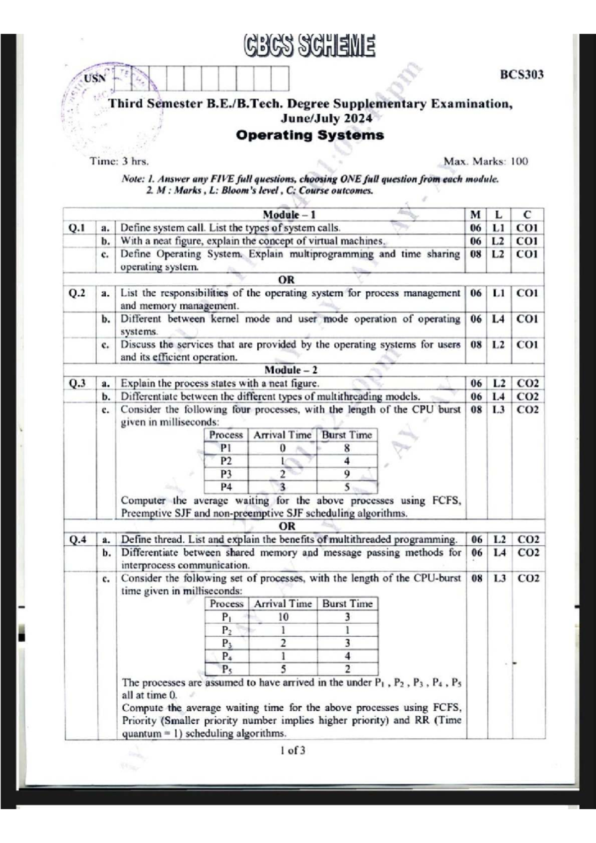 BCS303 Third Semester Operating Systems Previous Year Question Papers ...