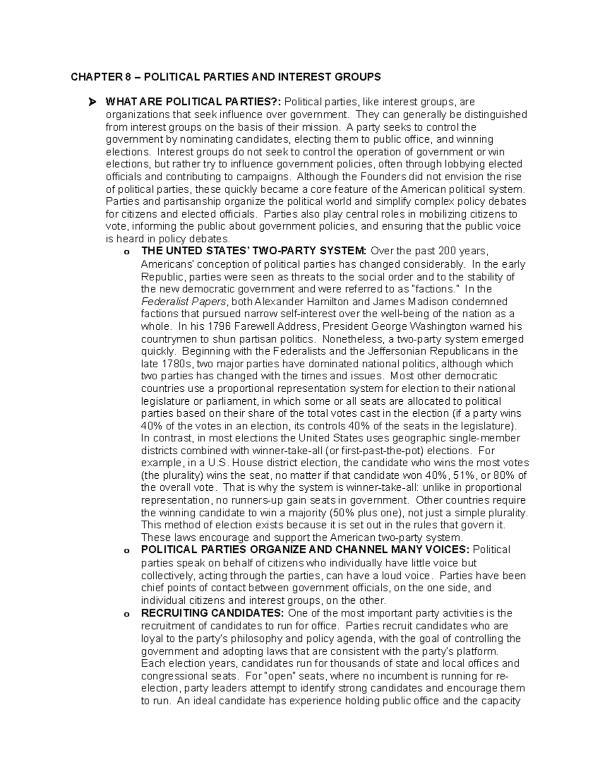 Chapter 8 Notes - CHAPTER 8 – POLITICAL PARTIES AND INTEREST GROUPS ...