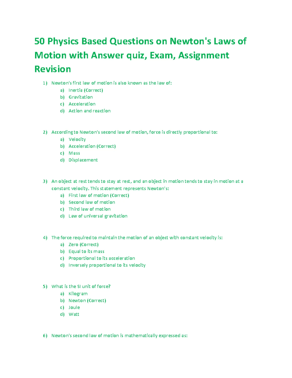 50 Physics Based Questions on Newton's Laws of Motion with Answer quiz ...