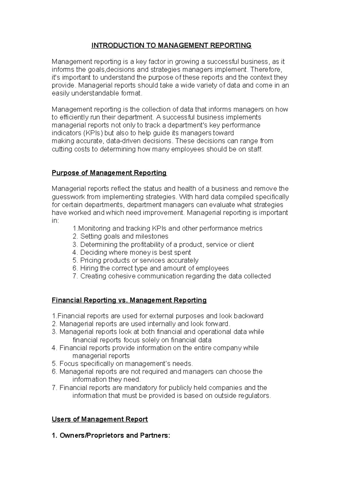 Lesson 1: Introduction to Management Reporting Fundamentals - Studocu
