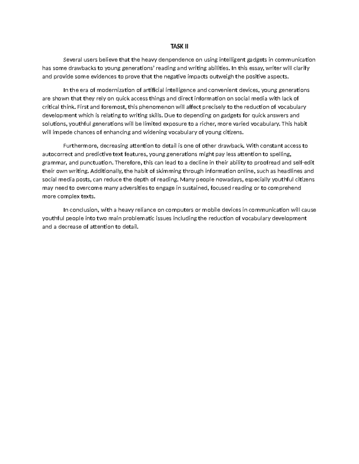 Writing TASK II 4-9: Impact of Gadgets on Youth Literacy Skills - Studocu