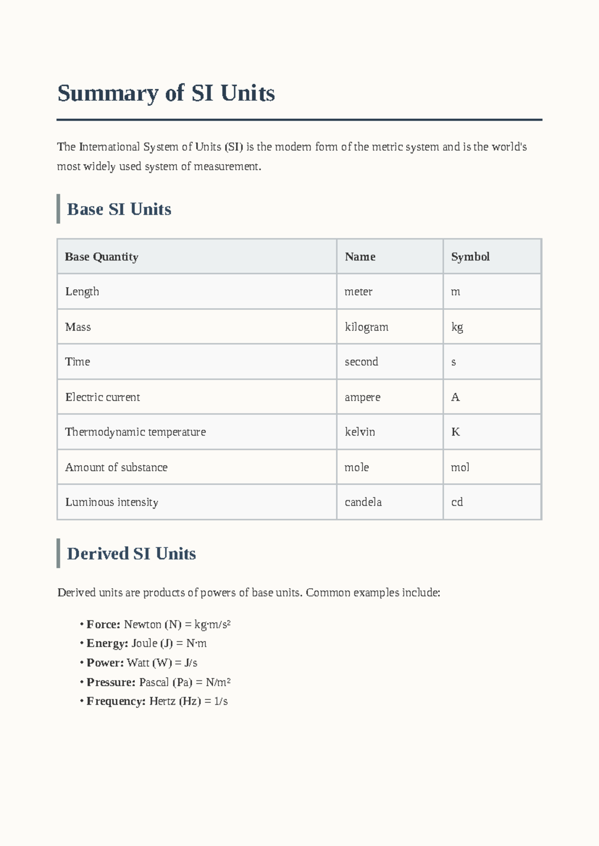 Si units summary - ELECTRICAL PRINCIPLES SI UNIT SUMARY NOTES - Summary ...