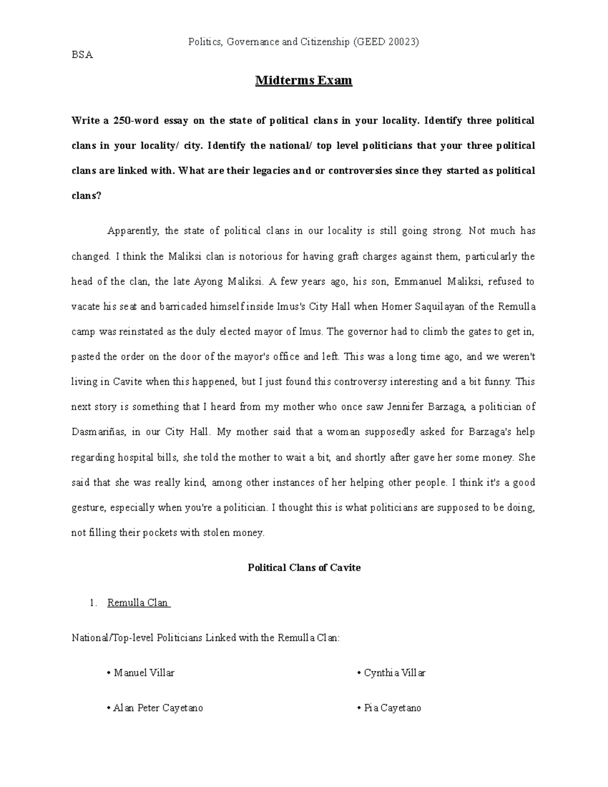 POLGOV - Midterms Exam - BSA Politics, Governance and Citizenship (GEED ...