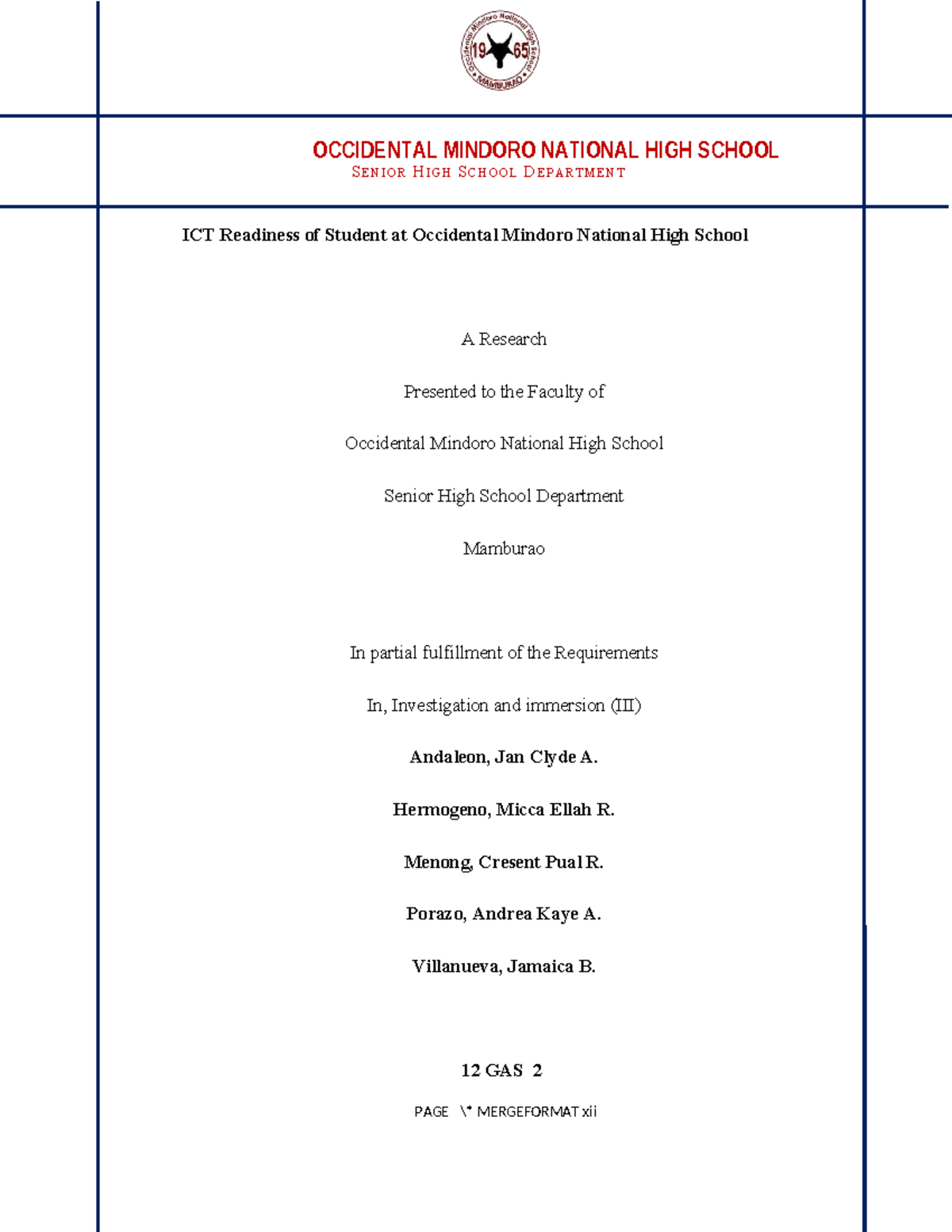 OCCIDENTAL MINDORO NATIONAL HIGH SCHOOL ICT Readiness Study: Chapters 1 ...