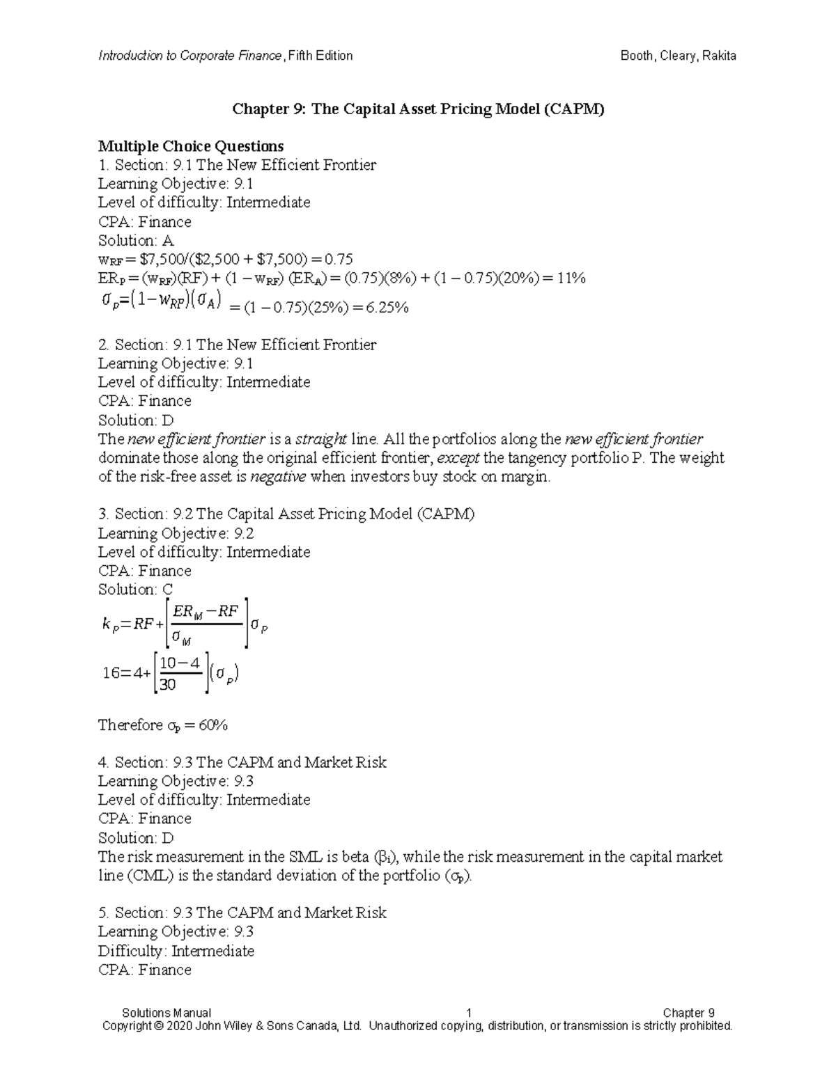 Booth 5e CH 9 SM - CAPM Solutions Manual and Practice Questions - Studocu