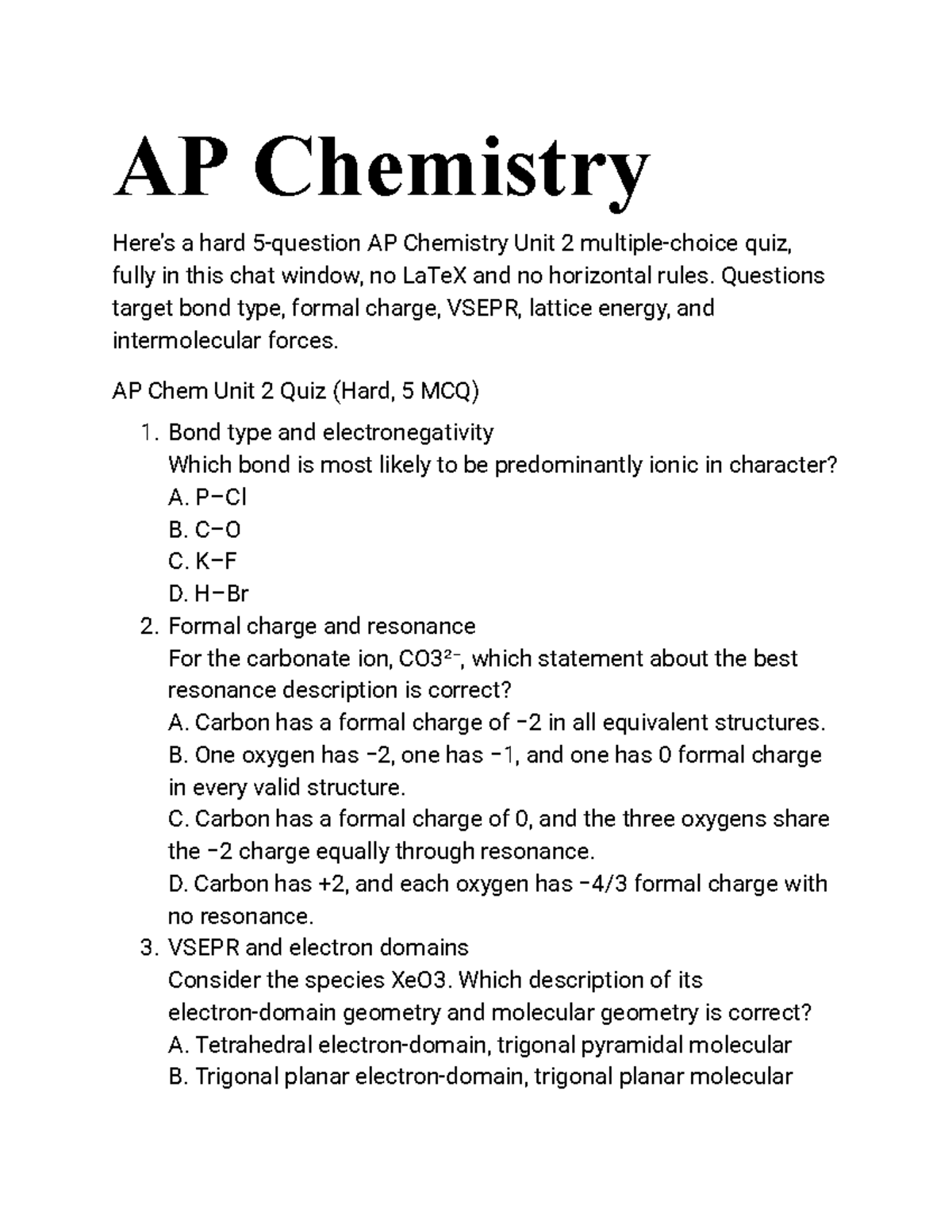 AP Chem Unit 2 Quiz: Bond Types, Formal Charge & VSEPR - Studocu