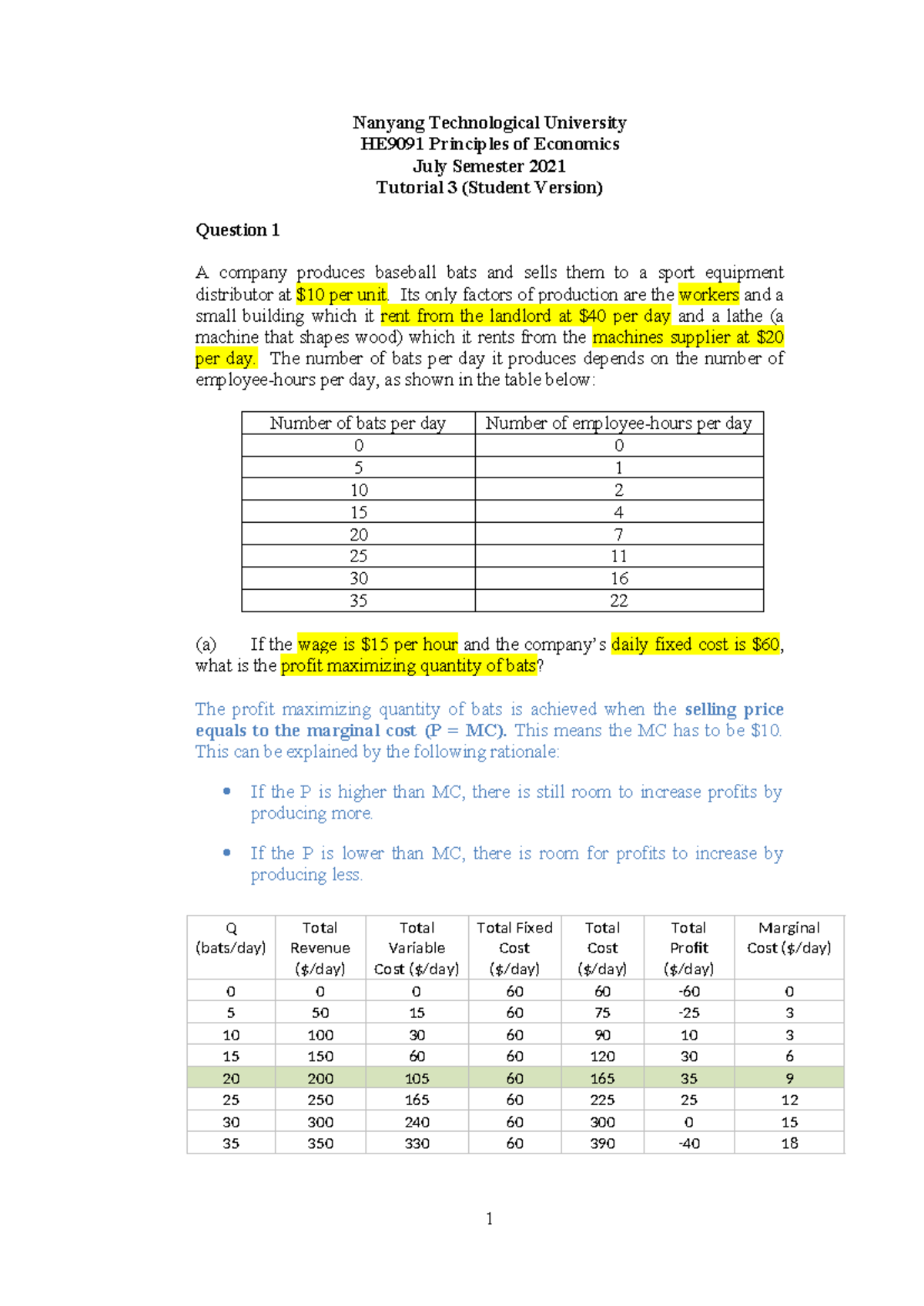 HE9091 July 2021 Economics Tutorial 3: Profit Maximization Analysis ...