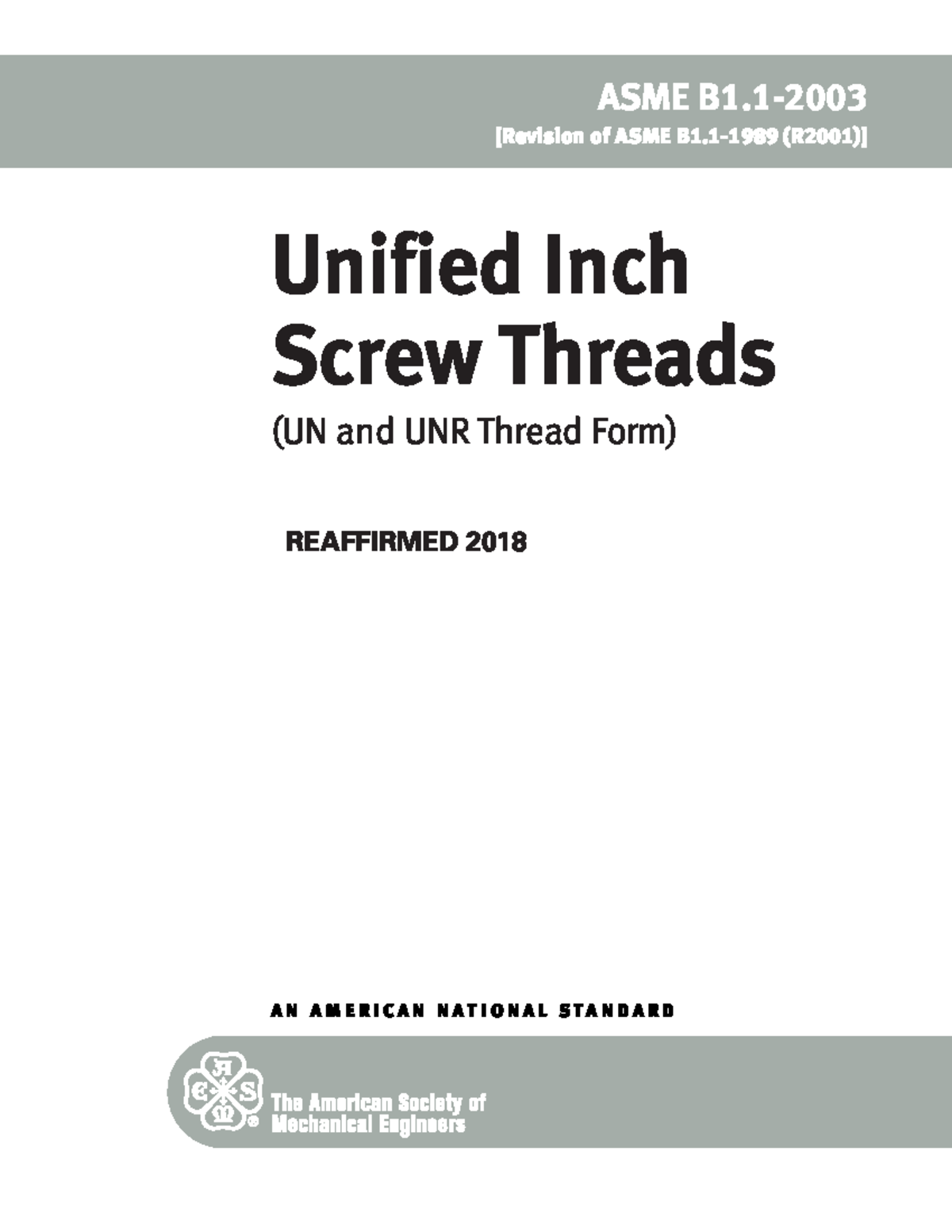 ASME B1.1 Unified Inch Screw Threads (UN & UNR) Standard Guide - Studocu