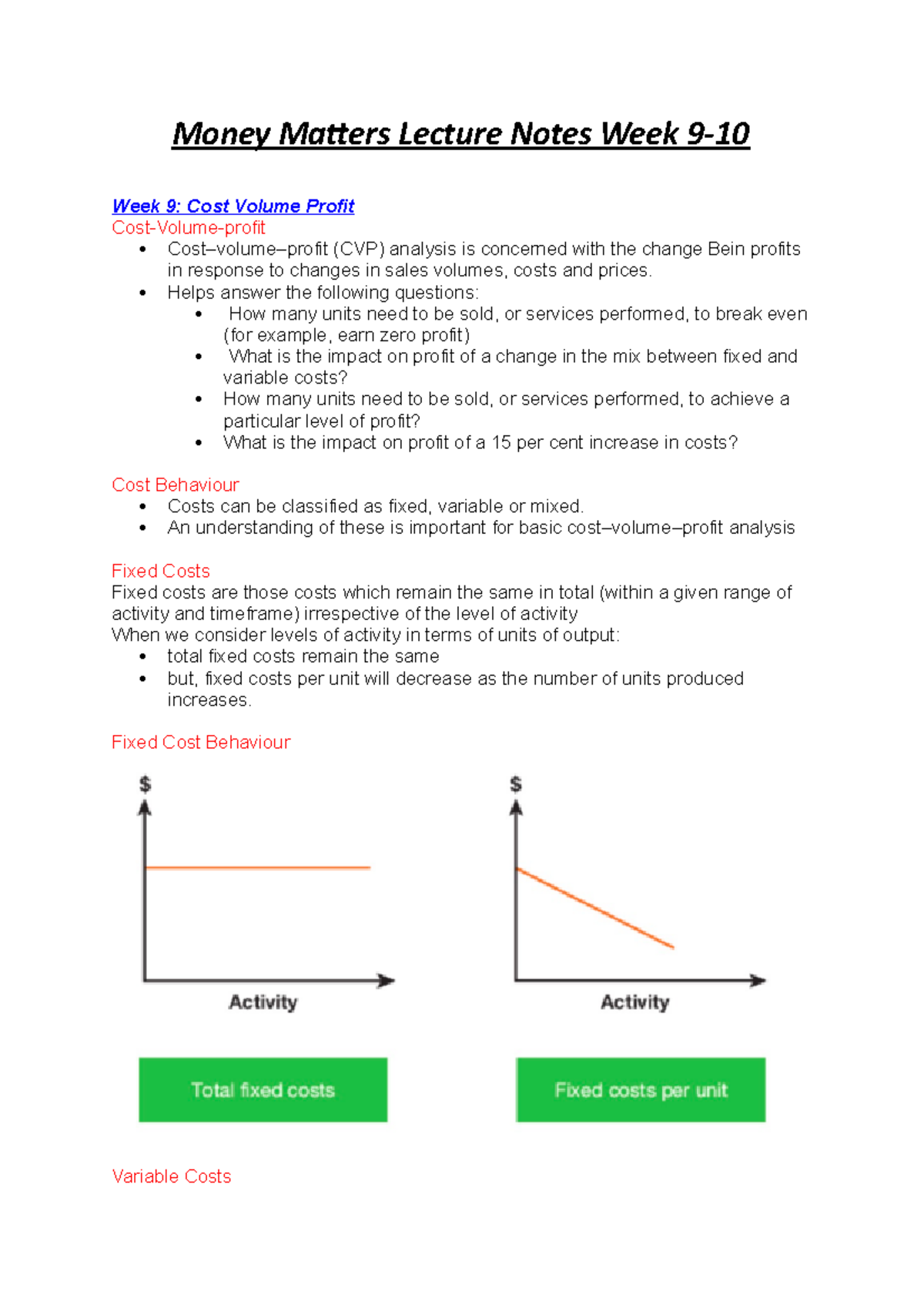 Money Matters Lecture Notes: Week 9-10 CVP & Capital Budgeting - Studocu